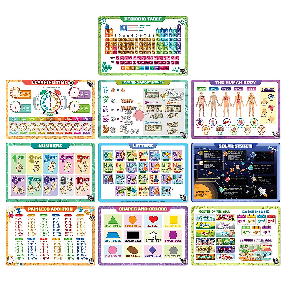 Fat Zebra Designs Educational Placemats - Set of 10 Learning Placemats - Easy Clean, Durable & Reusable Kids Table Mats - 12x17 Inches