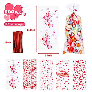 Kesoto 100 Pieces Red Valentines Day Cellophane Treat Bags for Kids, Clear Heart Goodie Candy Snack Bags Bulk with Twist Ties for Valentines Party Favor Supplies