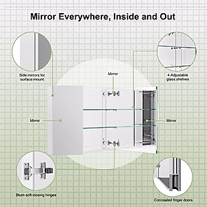 Sunrosa Aluminum Bathroom Medicine Cabinet with Mirror Door, 48"×27.5" Bathroom Mirror Cabinet, Wall-mountable and Recessed-in Mirror Cabinet, 3 Doors Medicine Cabinet Organizer