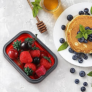 Mifoci 12 Pack Collapsible Bowls Bulk with Leak Proof Lids 17oz Rectangle Silicone Food Storage Containers Stack Food Container for Camping Kitchen, Microwave Dishwasher Freezer Safe (Grey Edge Red)