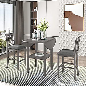Harper & Bright Designs 3 Piece Counter Height Kitchen Dining Set with Round Drop Leaf Dining Table, Shelf and 2 Cross Back Padded Chairs, Farmhouse Dining Room Set for Small Places, Gray