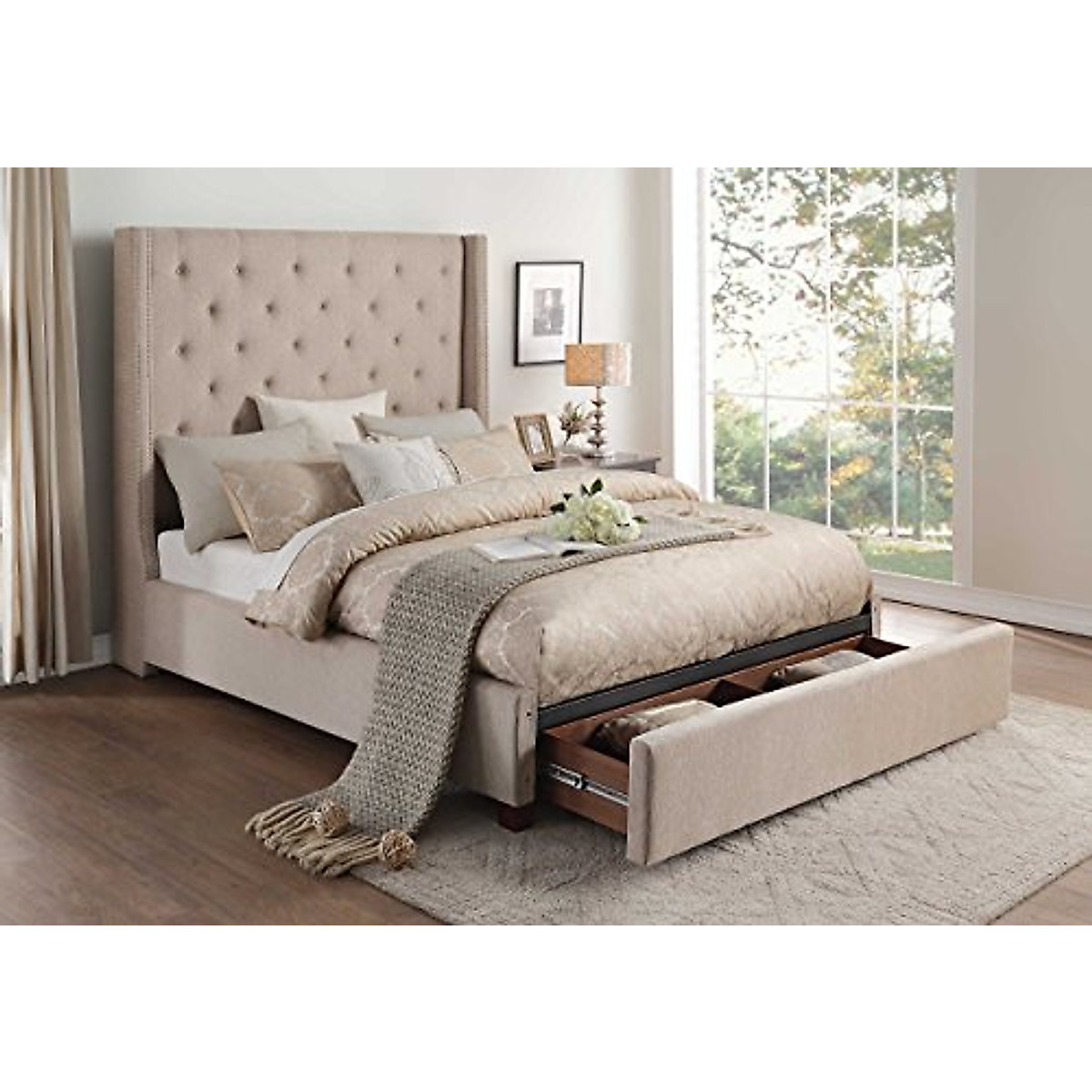 Homelegance 5877KBE-1CKDW Fairborn Fabric Upholstered Platform Storage Bed, Cal King, Beige