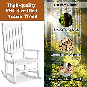 Tangkula Acacia Wood Porch Rocking Chair Set, Wooden Rocking Chair Rocker with High Back & Armrest for Indoor Outdoor Use, Patio Rocker for Garden Lawn Balcony Backyard Poolside (2, White)
