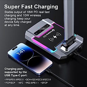 Yeslamp LED Desk Lamp with 10W Wireless and 24W USB-C Fast Charging, Ace RGB Dynamic, Natural Spectrum Desk Light,6 RGB Lighting Modes/Music Rhythm, Perfect for Gaming Setup, Live Video, Study, Home