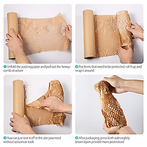 Honeycomb Packing Paper, 12" x 66' Cushioning Wrap Roll, Kraft Wrapping Paper for Shipping, with 20 Fragile Sticker Labels
