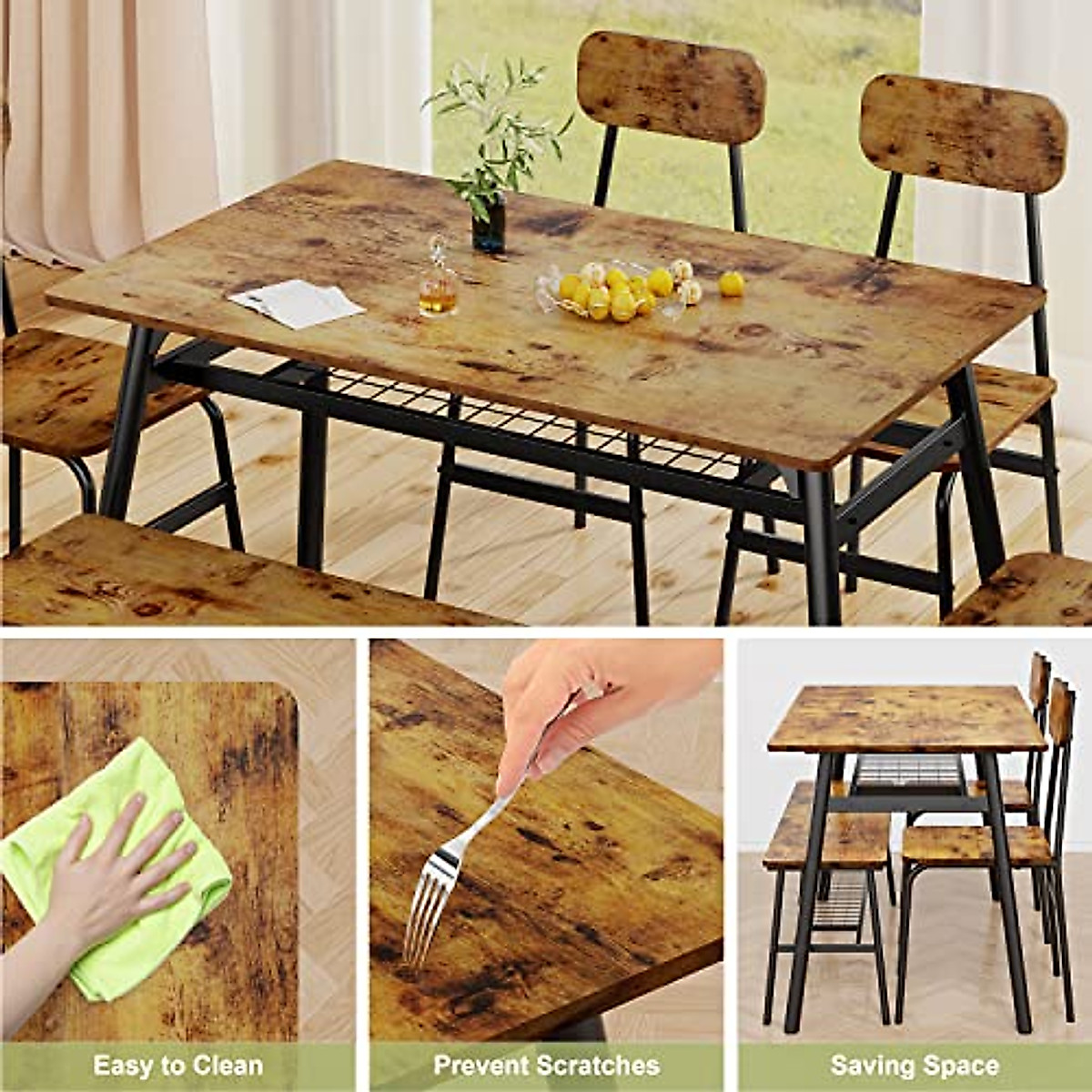 Gizoon 6-Piece Dining Table Set for Home, Kitchen, Dining Room with Storage Racks, Rectangular Kitchen Table with Bench, 4 Chairs, Steel Frame, Brown