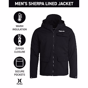 Hurley Men's Winter Jacket - Warm Sherpa Lined Outdoor Jacket with Multiple Pockets - Men's Zip Up Hooded Ski Jackets (S-XL), Size Large, Black