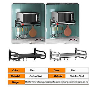 21 Inch Microwave Shelf Wall Mount with 6 Hooks, Carbon Steel Wall Shelf Metal Shelving Heavy Duty Commercial or Household Grade Wall Mount Microwave Oven Shelf Oven Bracket with Fixing Kit