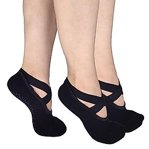 Toes&Feet Women's 2-Pack Black Padded Anti-Slip Grips Yoga Pilates Ballet Barre PiYo Socks, Size 4-9