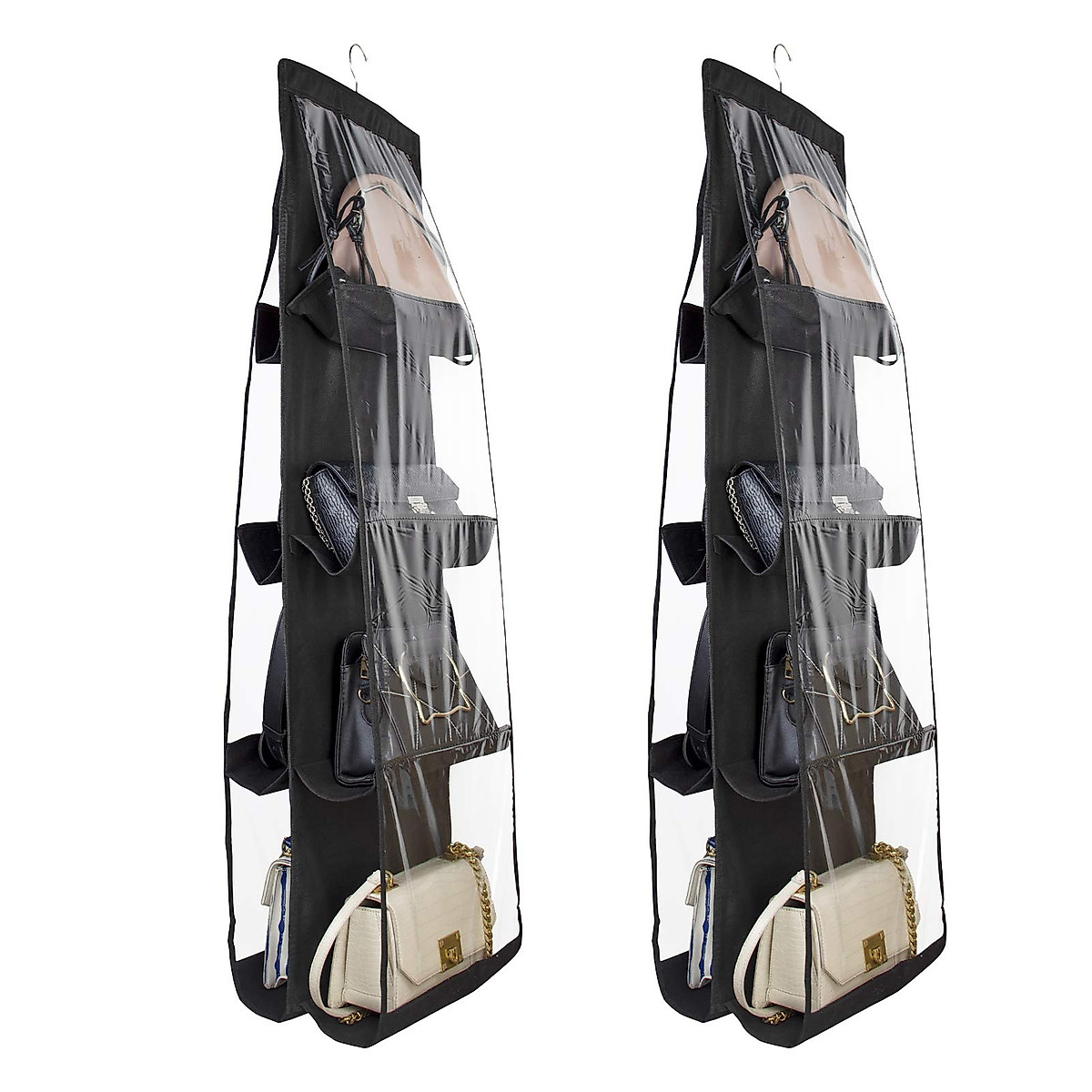 EsLuker.ly 2Pcs Hanging Purse Bag Organizers with 8 Large Easy Access Pockets, Premium Clear Handbag Storage Holder Space Saving Organizer System for Closet Wardrobe (Black)