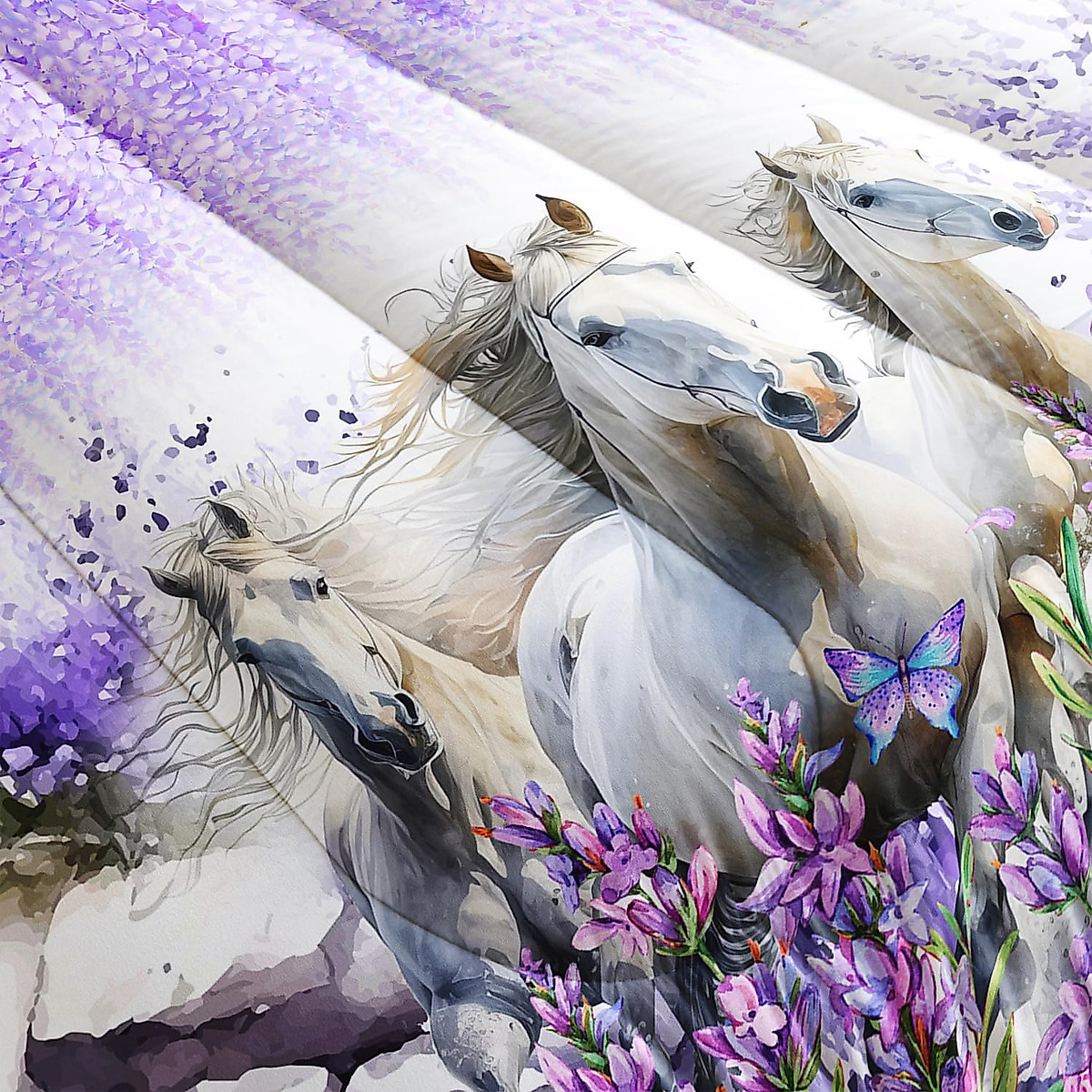 AILONEN Horse Comforter Set Twin Size, Purple Lavender Flower Bedding Set for Girls Women,Galloping Horse Bed in a Bag Quilt and 2 Pillowcases,3 Pieces Twin Comforter Set