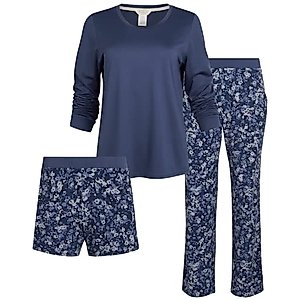 Lucky Brand Women's Pajama Set - 3 Piece Long Sleeve Night Shirt, Sleep Pants, Lounge Shorts (S-XL), Size X-Large, Denim Blue