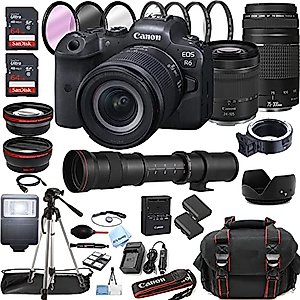 Canon EOS R6 Mirrorless Digital Camera with RF 24-105mm f/4-7.1 STM Lens + 75-300mm F/4-5.6 III Lens + 420-800mm Super Telephoto Lens + 128GB Memory + Case + Tripod + Filters (44pc Bundle) (Renewed)