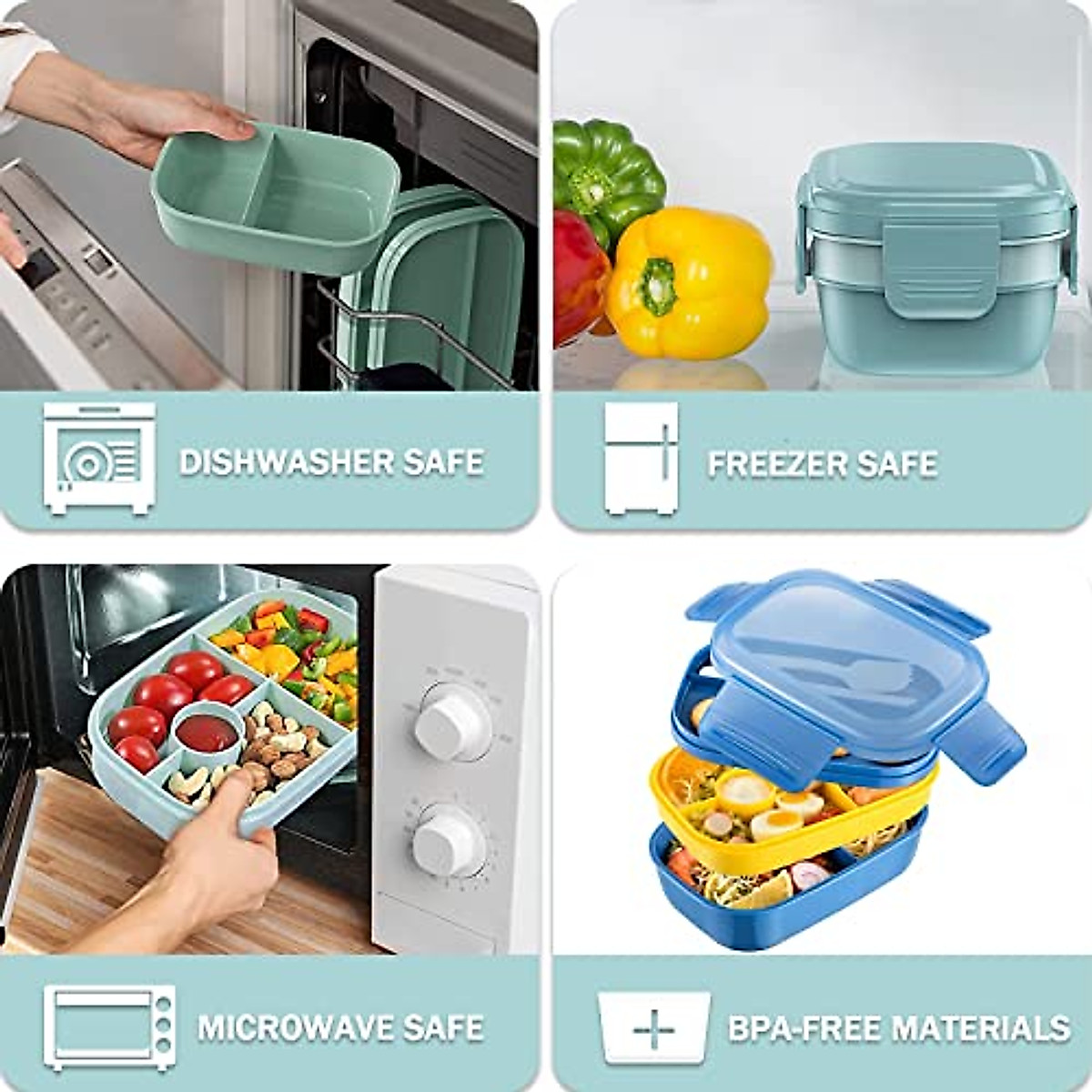 Puraville 3 Layers Stackable Bento Lunch Box for Kids and Adults, 1900ml Large capacity Lunch Box for Men and Women with Utensil Set, Leak Proof, BPA-Free, Microwave Dishwasher Safe - Light Blue