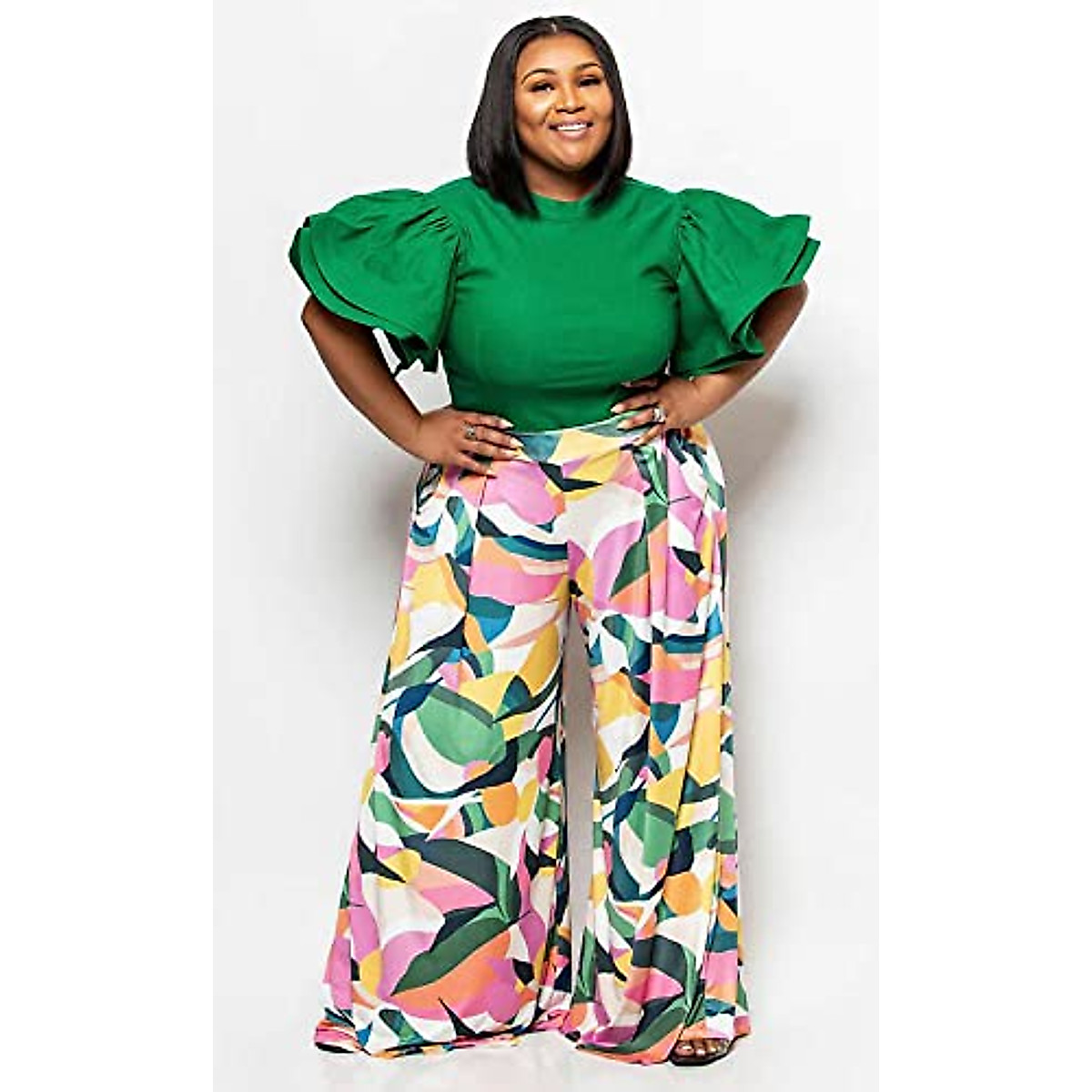 Acatmew Plus Size Womens Palazzo Long Pants High Waist Wide Leg Casual Trousers with Pocket