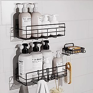 Goabroa No Drilling Shower Caddy Basket Shelf, 3 Pack Self Adhesive Shower Shelves with Soap Holder and Hooks, Multifunctional Wall Storage Organizer for Bathroom