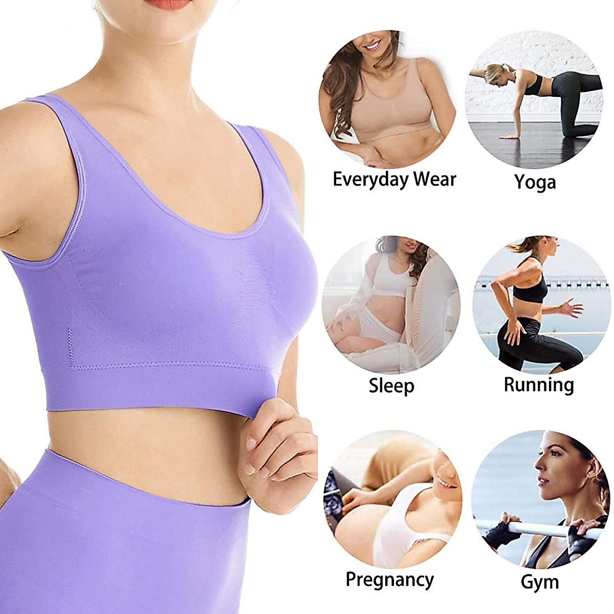 Ausyst 5 Pack Sports Bras Women Seamless Wirefree Solid Color Yoga Bra with Removable Pads for Women Fitness Vest Tops