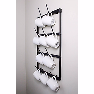 Claimed Corner Mini Coffee Mug Rack - 4 Row Metal Wall Mounted Storage Display Organizer for Coffee Mugs, Tea Cups, Mason Jars, and More.
