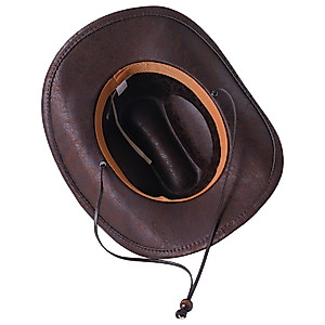 Lanzom Women Men Leather Western Cowboy Hat Cowgirl hat Fedora Outdoor Wide Brim Hat with Lanyard (B-Brown, One Size)