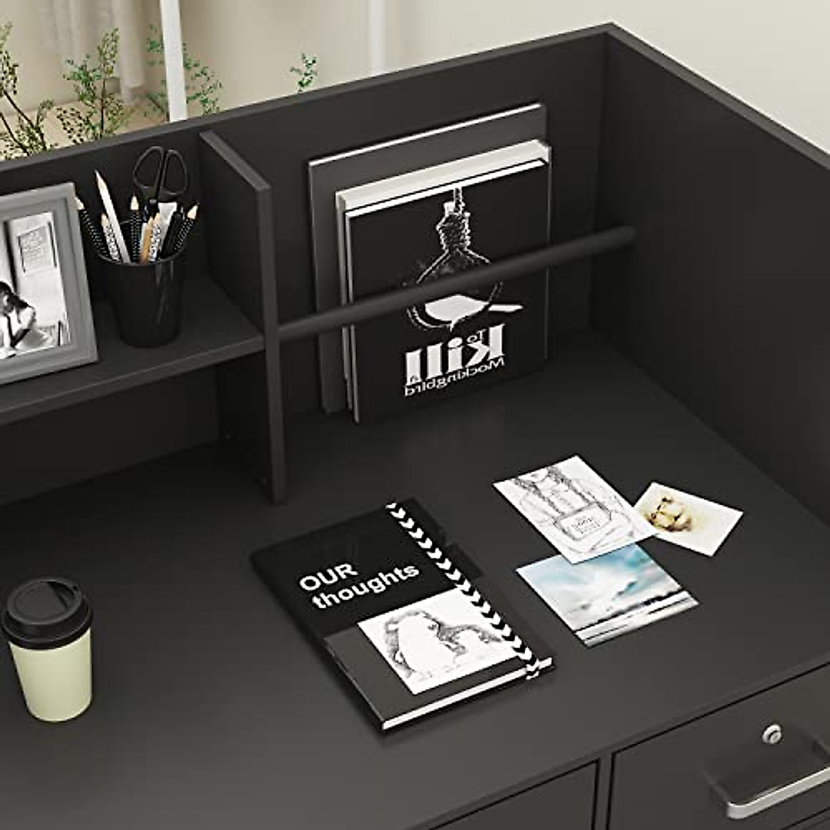 Homsee Modern Reception Desk with 3 Drawers, 1 Door Storage Cabinet & Hutch Shelf, Office Wooden Computer Desk, Writing Study Table PC Laptop Desk, Black (47.3" L x 18.3" W x 43.3" H)