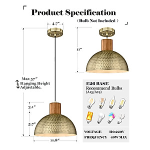 ELYONA 2 Pack Rubber Wood Hanging Lamp with Hammered Metal Shade & Rubber Wood Tripod Floor Lamp for Kitchen Island, Bar, Farmhouse Dining Room, Bedroom, Living Room