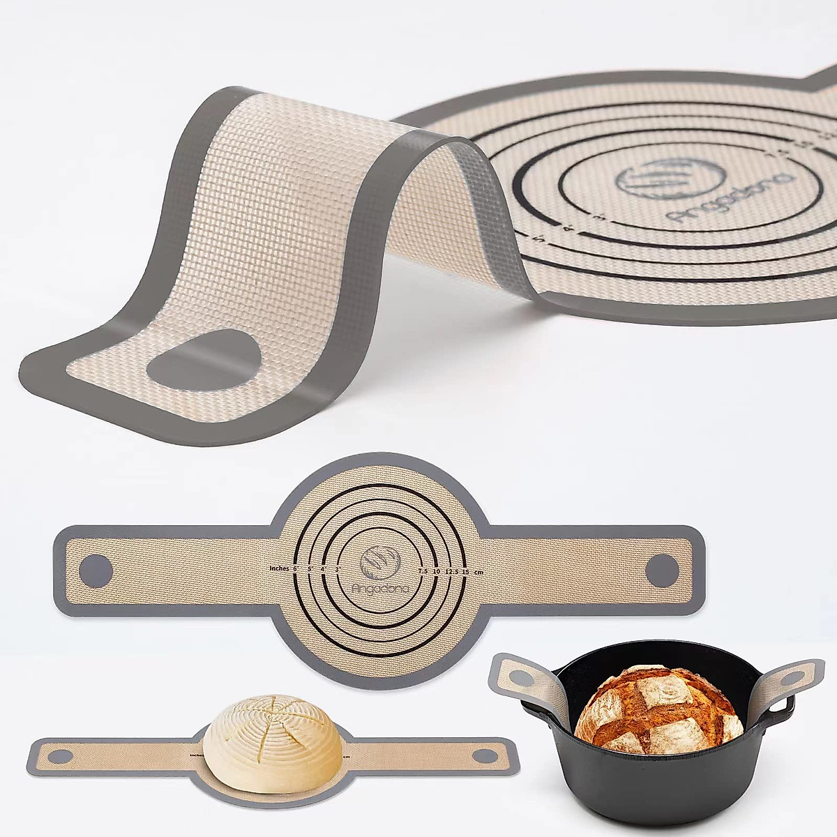 Silicone Bread Sling Dutch Oven - Best Japan Silicone. Non-Stick & Easy Clean Reusable Silicone Bread Baking Mat. With Extra Long Handles Bread Baking Sheet Liner, 1 Grey pcs for Transferable Dough