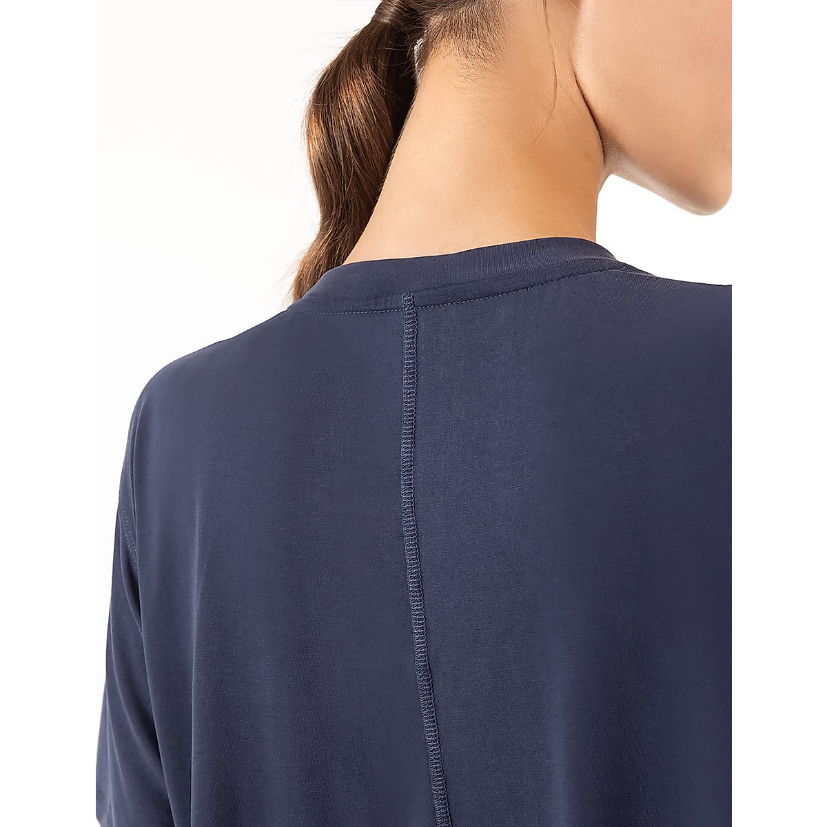 Gnveub Women's Lightweight Short Sleeves Yoga Shirt Soild Basic Crew Neck Crop Tops Athletic Workout Top(Navy,M)