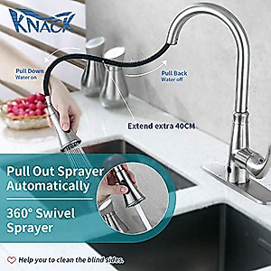 Touchless Kitchen Faucet with Pull Down Spray Head, Two Sensors Single Handle High Arc 2-Function Kitchen Sink Faucets with Pull Out Sprayer, 1&4 Hole Deck Mount, Brushed Nickel PVD,KNACK