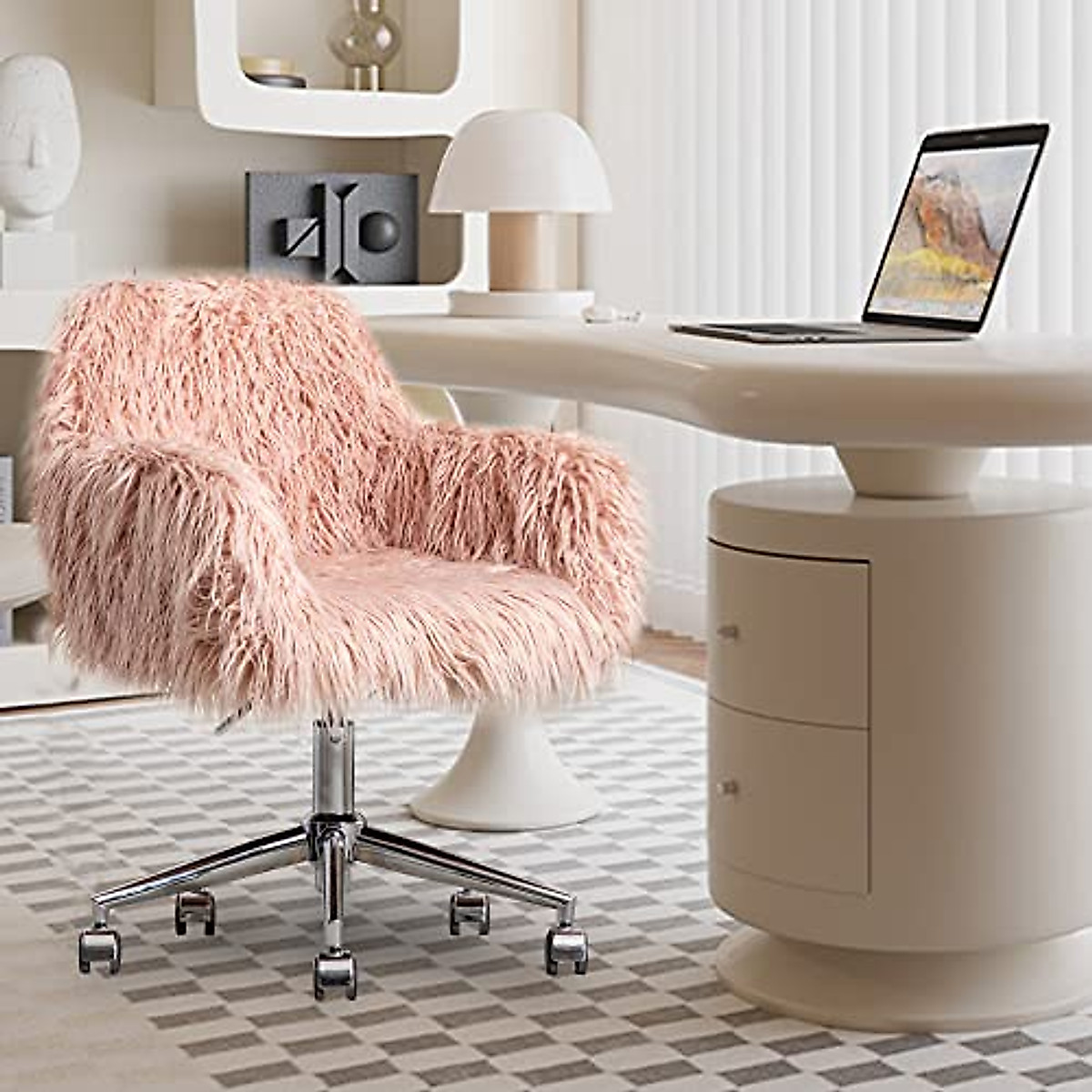SSLine Desk Chair Faux Fur Task Chair,Modern Cute Accent Armchair Office Chair,Comfy Fuzzy Swivel Makeup Stool Desk Chair with Wheels for Living Room/Bedroom/Dressing Room,Pink