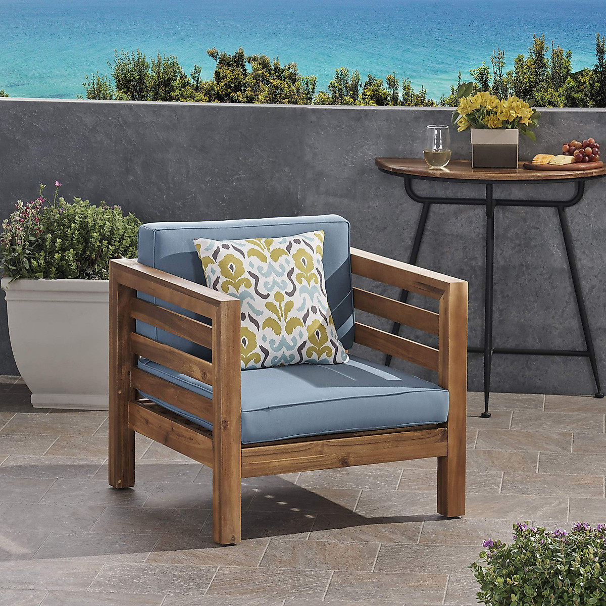 GDFStudio Outdoor Acacia Wood Club Chair with Cushion, Teak Finish and Blue