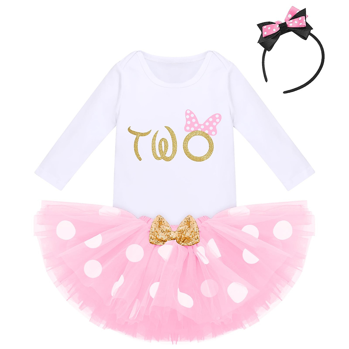 IBTOM CASTLE 2nd Birthday Outfit Girl Cake Smash Two Wild Sweet Bodysuit Romper +Sequin Polka Dots Tulle Tutu Dress+Headband 2 Year Old Birthday Party Clothes Pink-two 2 Years