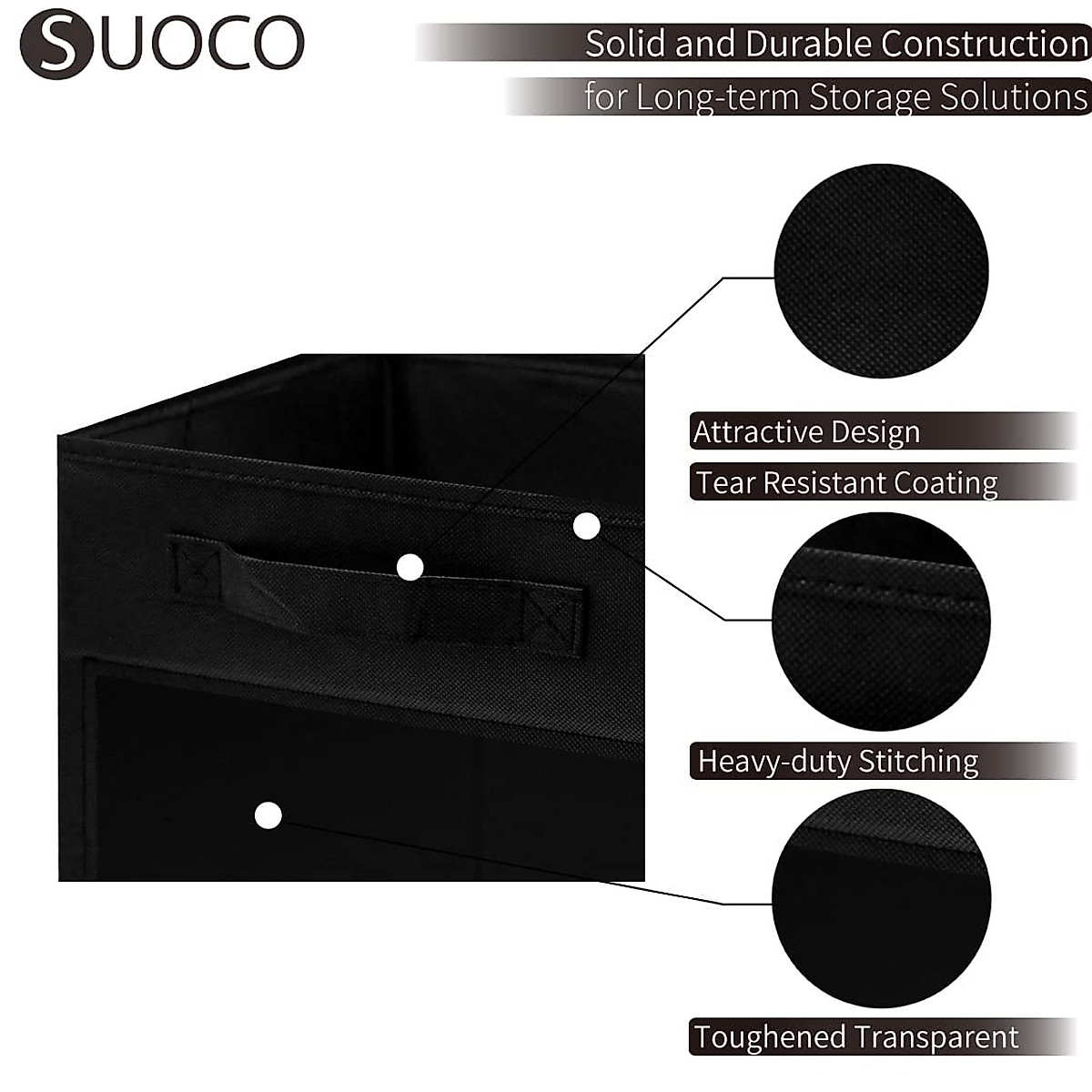 SUOCO Cube Storage Bins with Clear Window, Foldable Fabric Baskets Boxes for Shelf Closet Organizer, Nursery and Kids Room, 8 Pack, Black