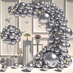 CUTEUP Metallic Silver Balloons Garland Arch Kit - 130 pcs 5/10/12/18 Inch Different Sizes Premium Party Latex Balloons Perfect for Birthday Party Baby Shower Wedding Anniversary Decorations, CP-17