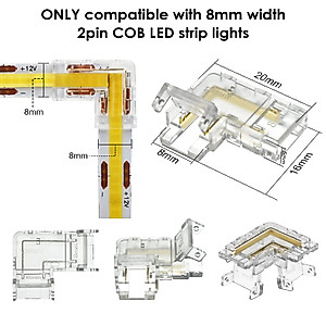 RGBZONE 12Pcs 2Pin L-Shaped COB LED Connectors 8mm Strip to Strip Solderless Corner Connector for 2pin 8mm COB LED Strip Lights