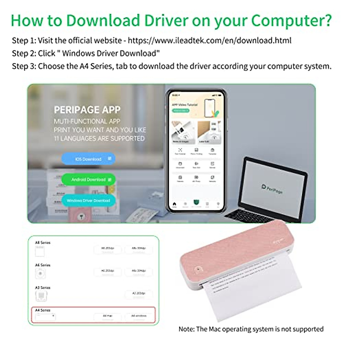 Bisofice PeriPage Portable Printer, A4 Wireless Bluetooth Travel Printer, Portable Thermal Printer Compatible with Android and iOS, Support 2''/3''/4'' Paper Width, Mobile Printer