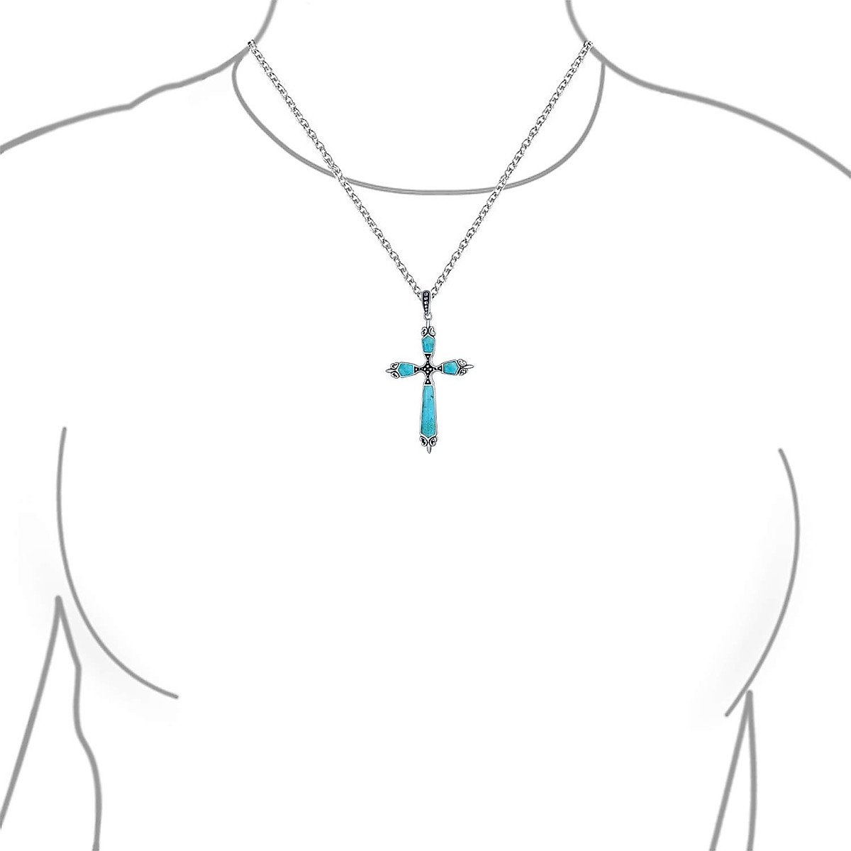 Bling Jewelry Vintage Western Style Spiritual Religious Blue Turquoise Gemstone Fleur De Lis Cross Pendant Necklace For Women Teen Oxidized .925 Sterling Silver
