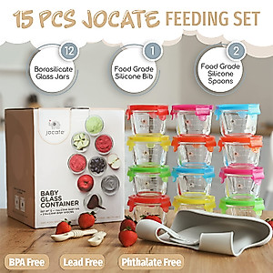 Jocate Premium 5oz Borosilicate Glass Baby Food Storage Jars with Leakproof Lids | Glass Baby Food Jars | Baby Food Containers Glass | Baby Containers Freezer, Dishwasher, Oven & Microwave Safe