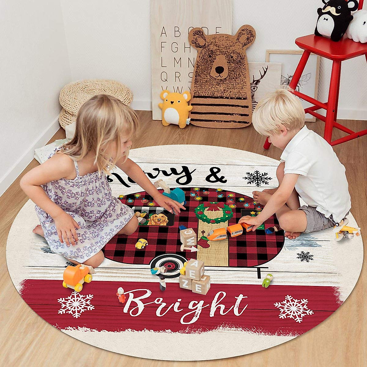 Round Area Rugs Collection 6', Merry Bright Christmas Red Camper Indoor Circular Throw Runner Rug Floor Mat Carpet for Living Room Dining Table Bedroom Nursery Decor Winter Snow Retro Farm Wood Board