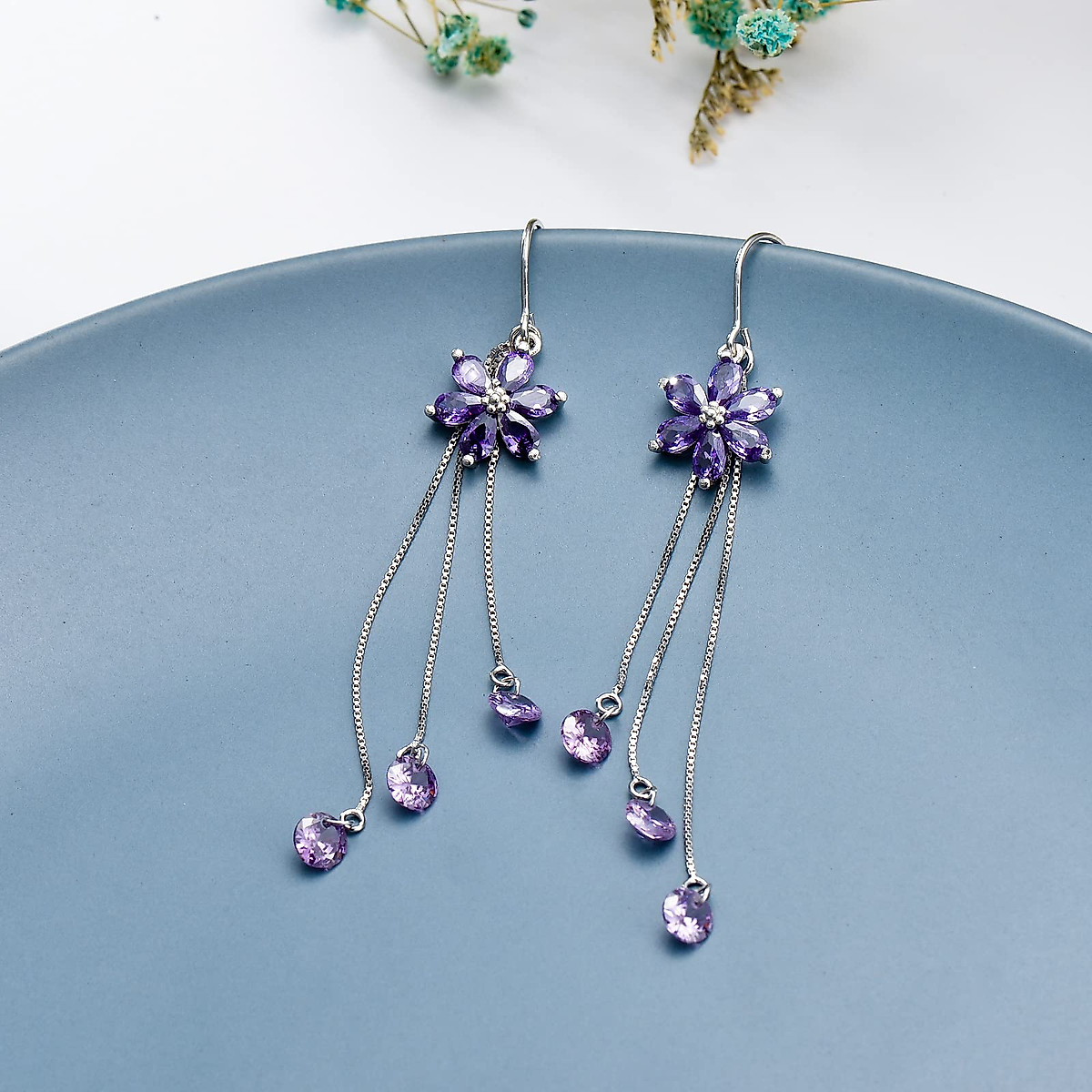 925 Sterling Silver Threader Earrings with Flower Crystal Tassel Long Charm Drop Dangle Earrings Jewelry Gifts for Women