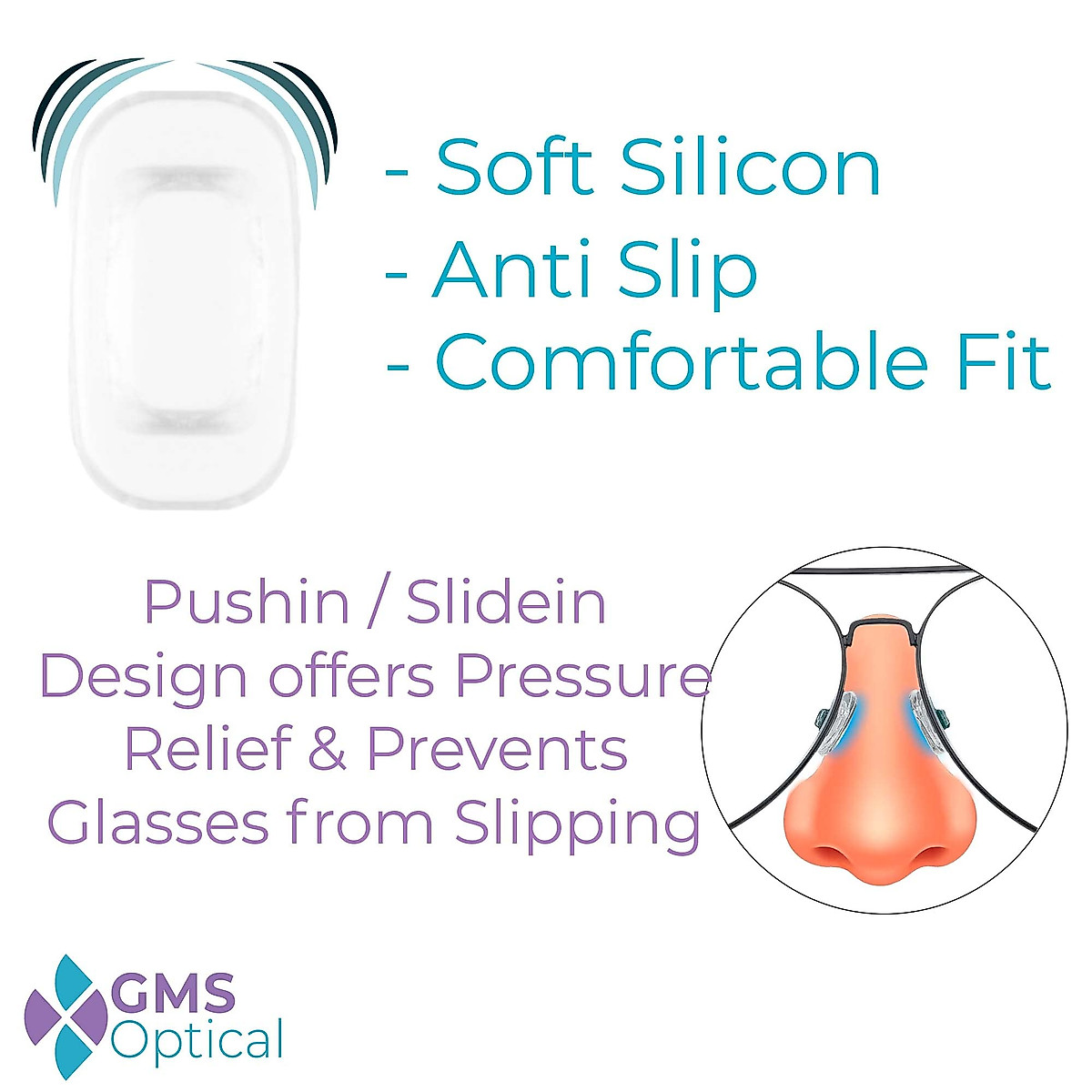 GMS Optical Premium Grade Soft Silicone - Rectangle Shaped Nose Pads (Slide/Push-in) 11MM (5 Pair, Rectangle - Clear (11mm))