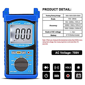 HOLDPEAK Digital Insulation Resistance Tester HP-6688B 100V/250V/500V/1000V/2500V/5000V Voltage Test, 200G Ohms Megohmmeter 2000 Counts Backlight, Auto Ranging, Data Hold (Battery Included)