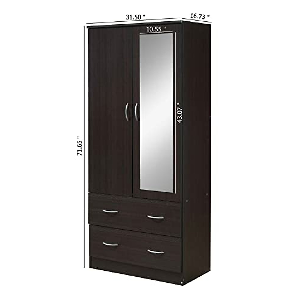 Hodedah Two Door Wardrobe with Two Drawers and Hanging Rod plus Mirror, Chocolate