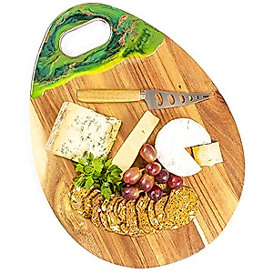 Wood Cheese Board and Knife Set, Large Cutting Board,16" x 12", Charcuterie board, Handmade Forest Resin decorated Tear Drop shape… (Forest)
