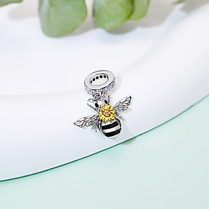 PELOVNY Spacer Bee Charm 925 Sterling Silver Queen Bumble Bee Bead with Sunflower Honeycomb Bracelet Jewelry Gifts for Women Birthday Christmas Halloween
