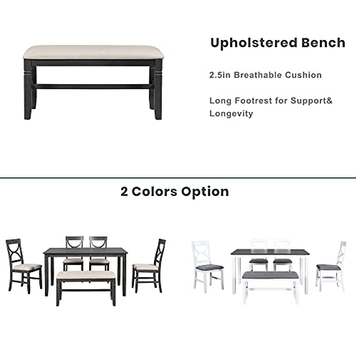 WOZNLA Room 6-Piece Farmhouse Dining Set | Rustic Wood Table with Cushioned Chairs, Bench, and Sturdy Base | Family-Friendly Kitchen Furniture | Comfortable Seating for Memorable Meals, Gray