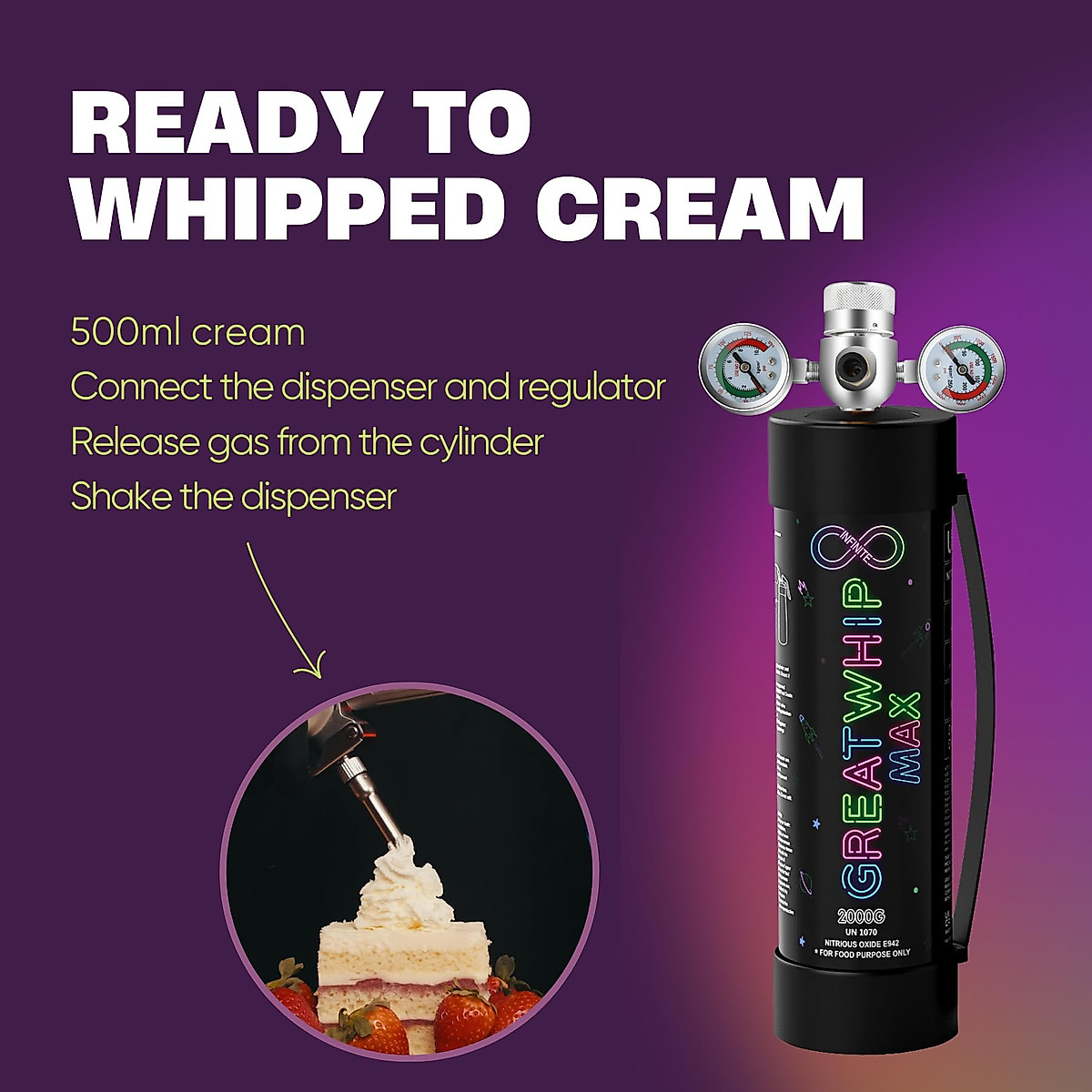 GreatWhip Whipped Cream Chargers, 3.3L Tanks, 2000g Whip Cream Charger Cylinder, 2 Cylinder