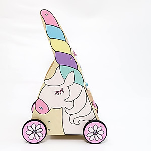 Hopscotch Squad Sit-to-Stand Learning Walker Unicorn Themed Interactive Wooden Push & Pull Baby Walker with Multiple Activities to Develop Motor Skills
