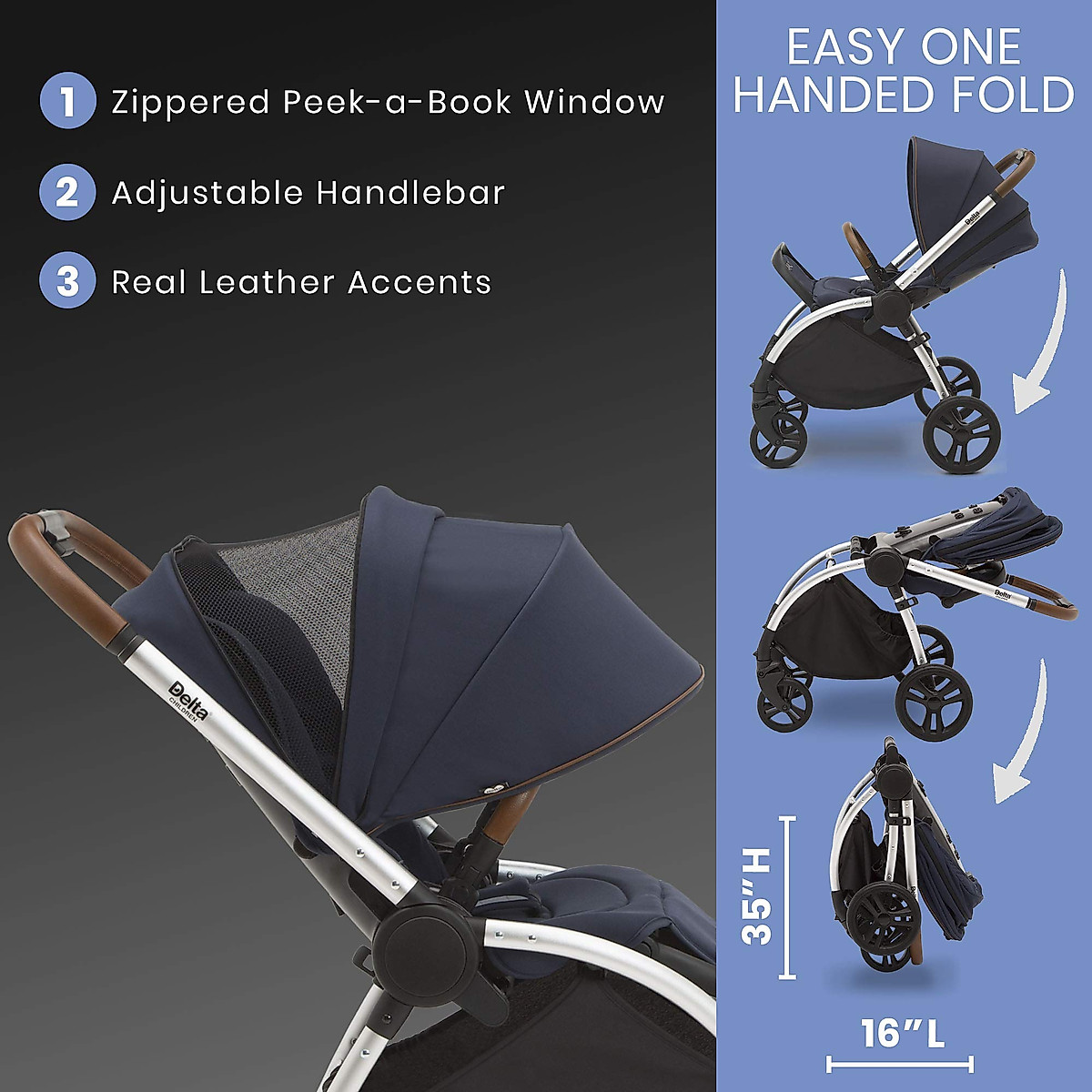 Delta Children Revolve Reversible Stroller, Navy - Leather Handlebar; One Hand Easy Fold; Lightweight Shock-Absorbing Frame; Reclining Seat and Adjustable Footrest
