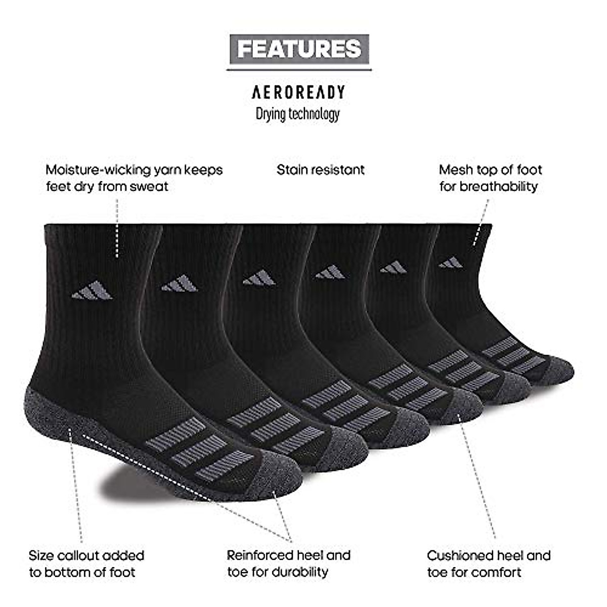 adidas Kids-Boy's/Girl's Cushioned Angle Stripe Crew Socks (6-Pair), Black/Onix Grey/Night Grey, Large