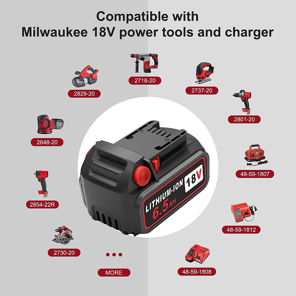 Komifolen 2 Pack 18V 6.5Ah Battery and 1 Set 18Volt Charger Compaitble with Milwaukee m18 Batteries 48-11-1820 48-11-1830 48-1840 48-11-1850